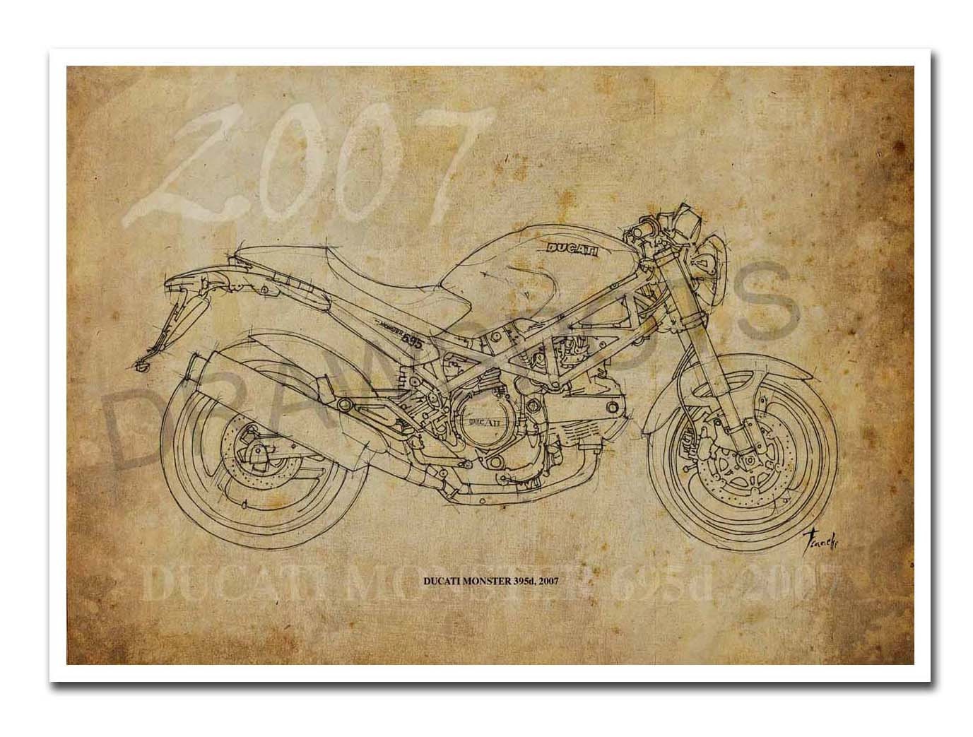 DUCATI MONSTER 695d 2007,original Drawing Art Print,12x8.50in to 60x42 ...