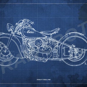 Indian Chief 1948 Blueprint, Art Print 12x8 In, Motorcycle Art Print ...