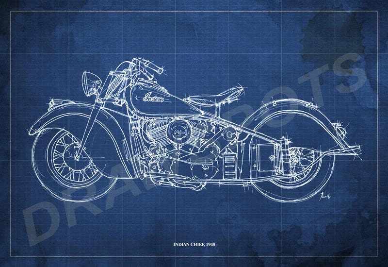 Indian Chief 1948 Blueprint, Art Print 12x8 In, Motorcycle Art Print ...