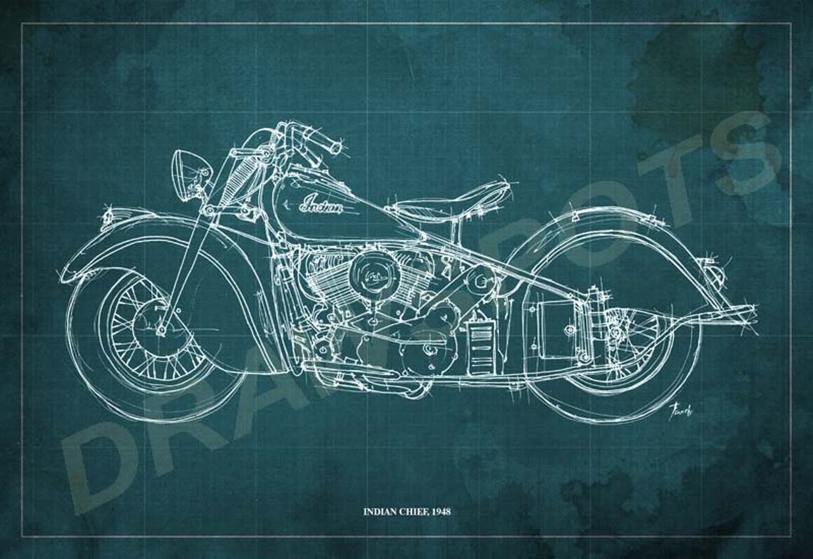 Indian Chief 1948 Blueprint, Art Print 12x8 In, Motorcycle Art Print ...