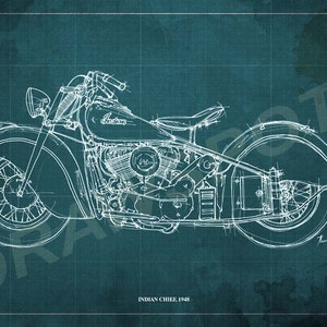 Indian Chief 1948 Blueprint, Art Print 12x8 In, Motorcycle Art Print ...
