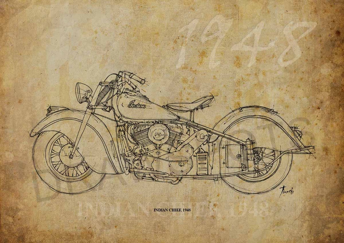 Set of 4, INDIAN MOTORCYCLES Original Art Prints, Any Print 11.5x16 (A3 ...