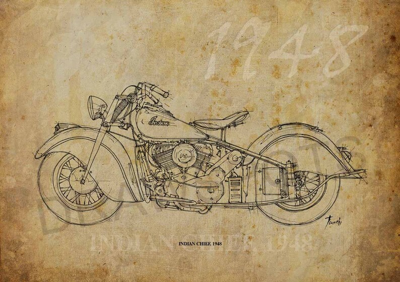 Set of 4, INDIAN MOTORCYCLES Original Art Prints, Any Print 11.5x16 (A3 ...