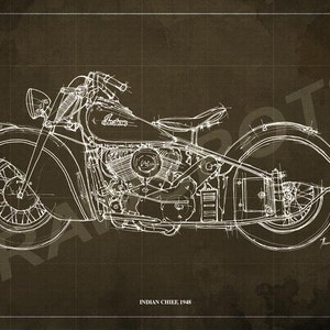 Indian Chief 1948 Blueprint, Art Print 12x8 In, Motorcycle Art Print ...