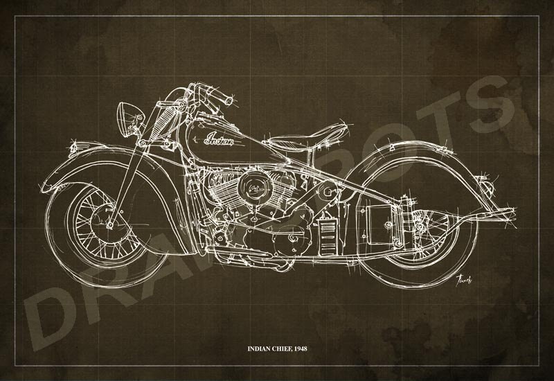 Indian Chief 1948 Blueprint, Art Print 12x8 In, Motorcycle Art Print ...