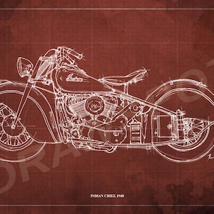 Indian Chief 1948 Blueprint, Art Print 12x8 In, Motorcycle Art Print ...