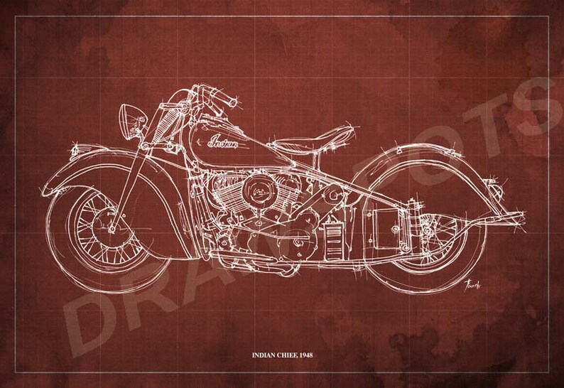 Indian Chief 1948 Blueprint, Art Print 12x8 In, Motorcycle Art Print ...