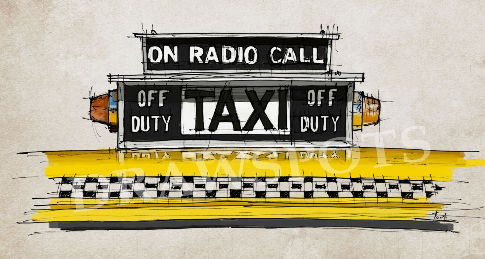 New York Taxi Sign, Yellow Cab Sketch, Colorful Handmade Drawing ...