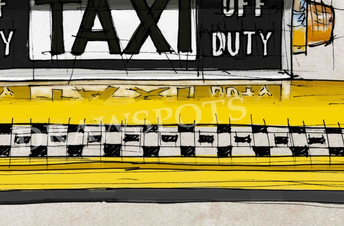 New York Taxi Sign, Yellow Cab Sketch, Colorful Handmade Drawing ...