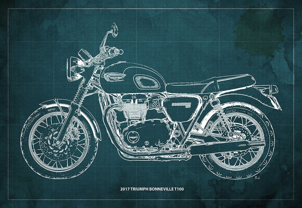 2017 Triumph Bonneville T100 Blueprint Art Print, Motorcycle Garage ...