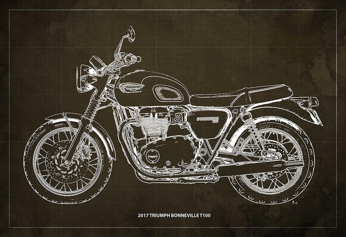 2017 Triumph Bonneville T100 Blueprint Art Print, Motorcycle Garage ...
