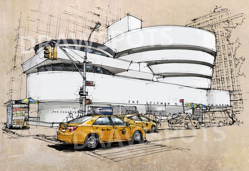 New York Guggenheim Museum Handmade Sketch,colorful Handmade Drawing of ...
