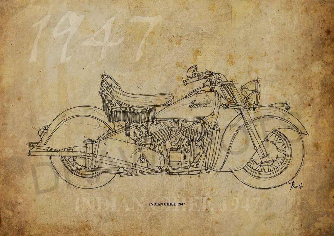 Indian Motorcycles Art Prints, Set of 4, Vintage Motorcycle Drawings ...