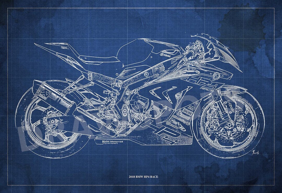 BMW HP4 Race Blueprint Art Print, Motorcycle Original Drawing,unique ...