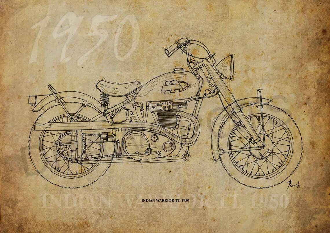 Set of 4, INDIAN MOTORCYCLES Original Art Prints, Any Print 11.5x16 (A3 ...
