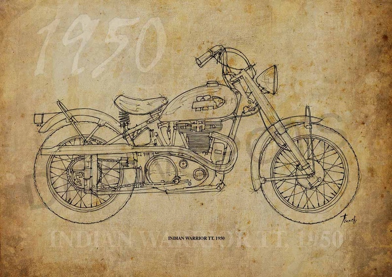 Indian Motorcycles Art Prints, Set of 4, Vintage Motorcycle Drawings ...