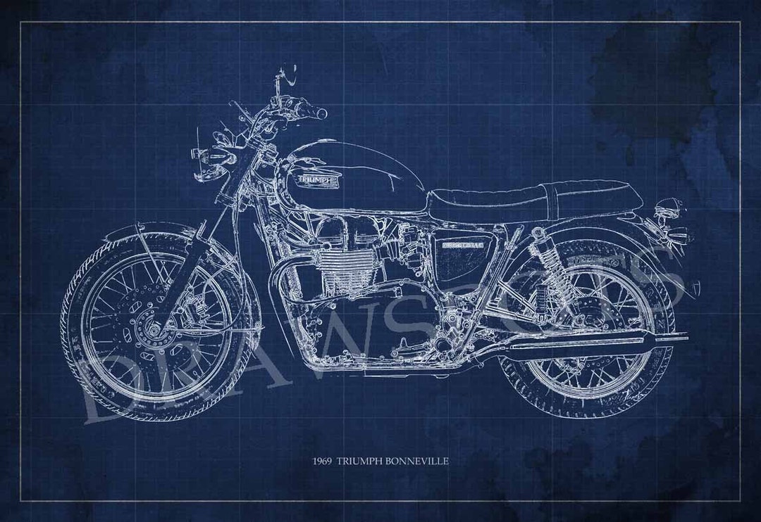 1969 Triumph Bonneville Blueprint Art Print, Motorcycle Drawing,unique ...