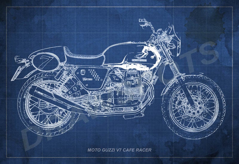 Moto Guzzi Cafe Racer Blueprint, Art Print 12x8 to 60x41 In, Motorcycle ...