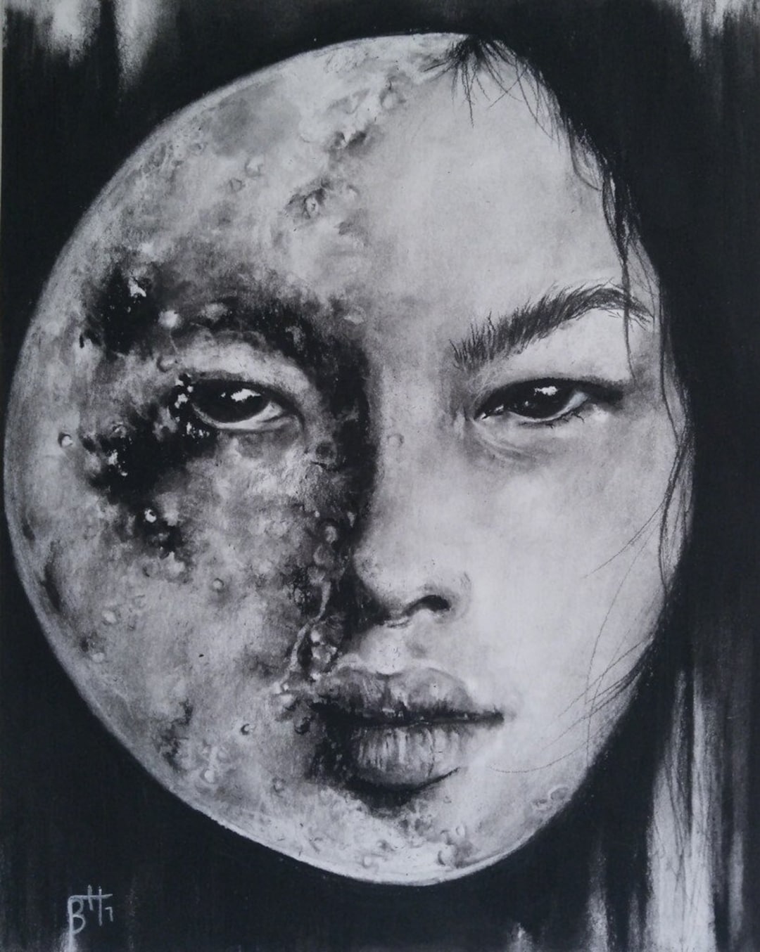 Moon Illustration, Moon Phase Portrait Dark Art, Original Drawing, Moon ...