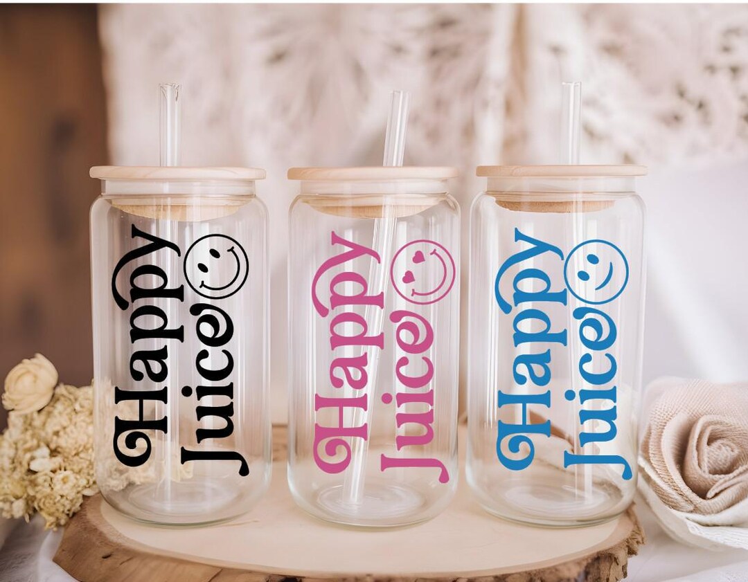 Happy Juice Glass Can: Smiley Face Tumbler With Bamboo Lid - Etsy