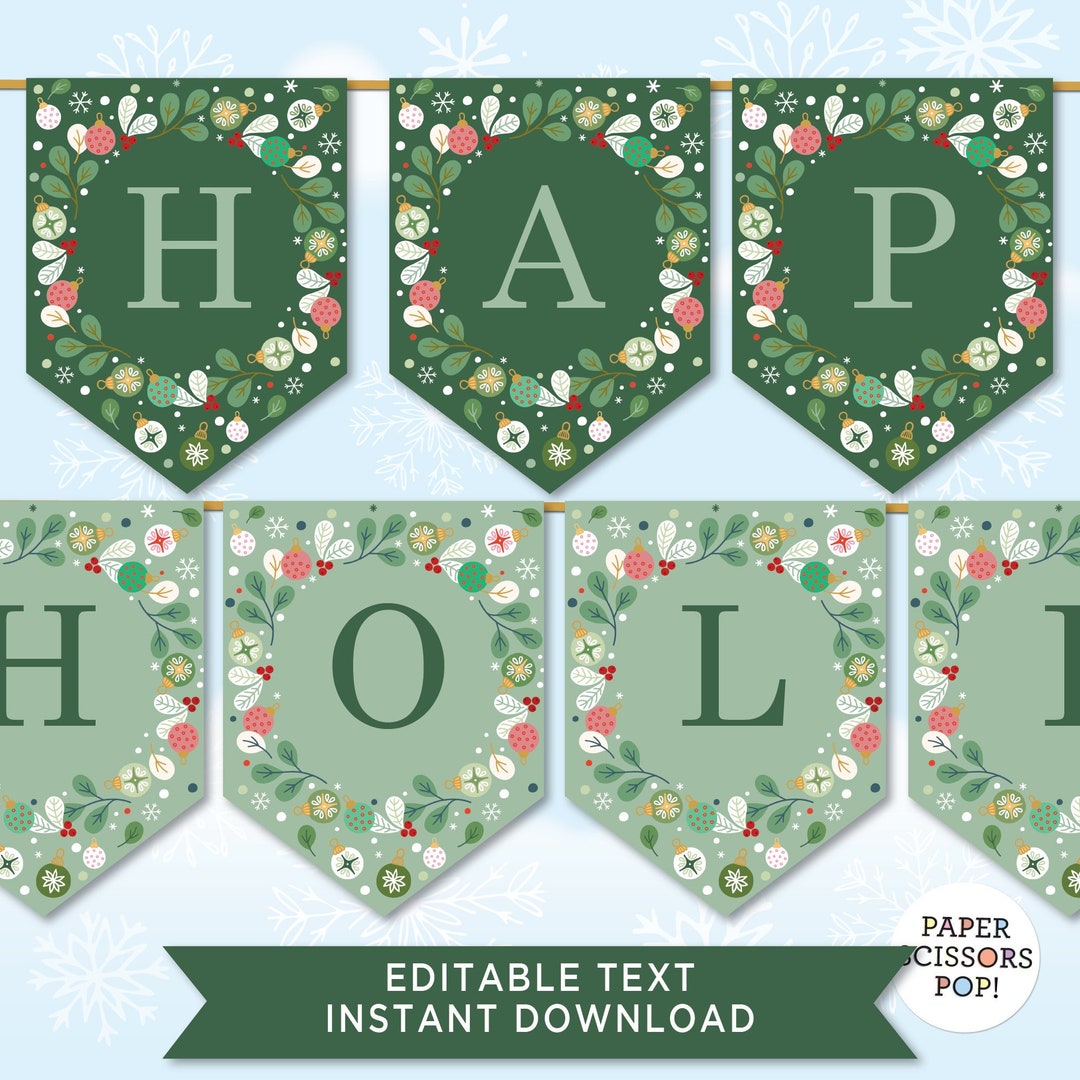 Sage Christmas Decor, Editable Green Christmas Banner Christmas Wreath ...