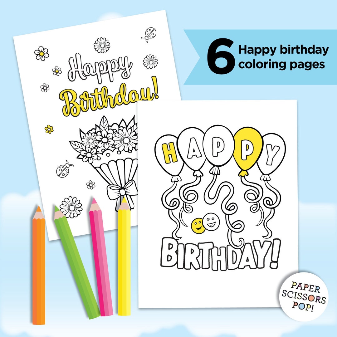 Happy Birthday Coloring Pages for Kids, 6 Pages Instant Download ...