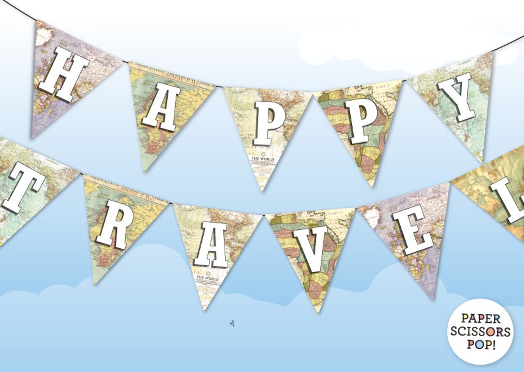 Happy Travels Vintage Maps Banner Template, Classroom Decoration ...