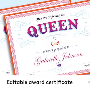 Editable the Queen Certificate, Printable Custom Award Certificate, Fun ...