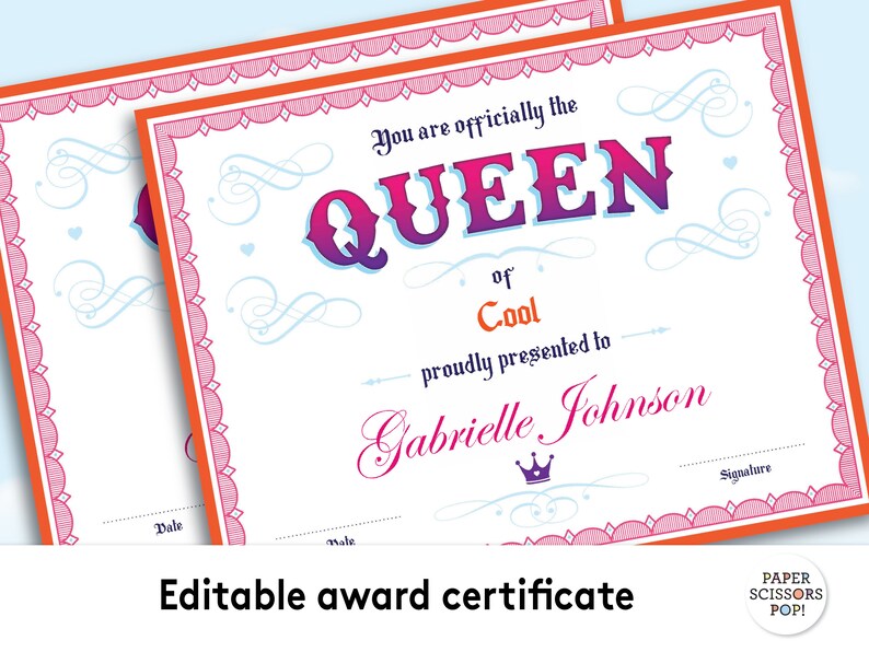 Editable the Queen Certificate, Printable Custom Award Certificate, Fun ...