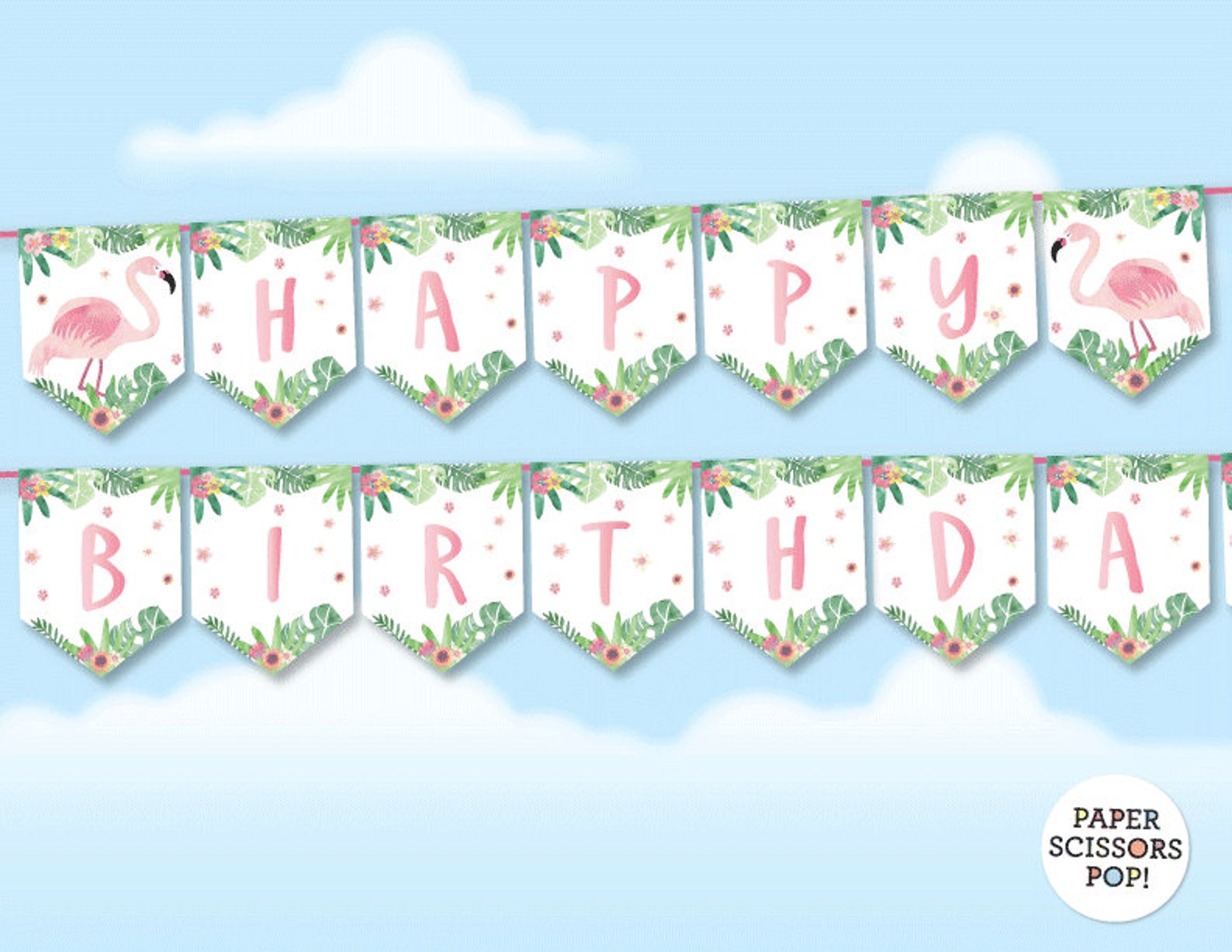 Pink Flamingo Birthday Banner Tropical Banner, Watercolor Flamingo ...