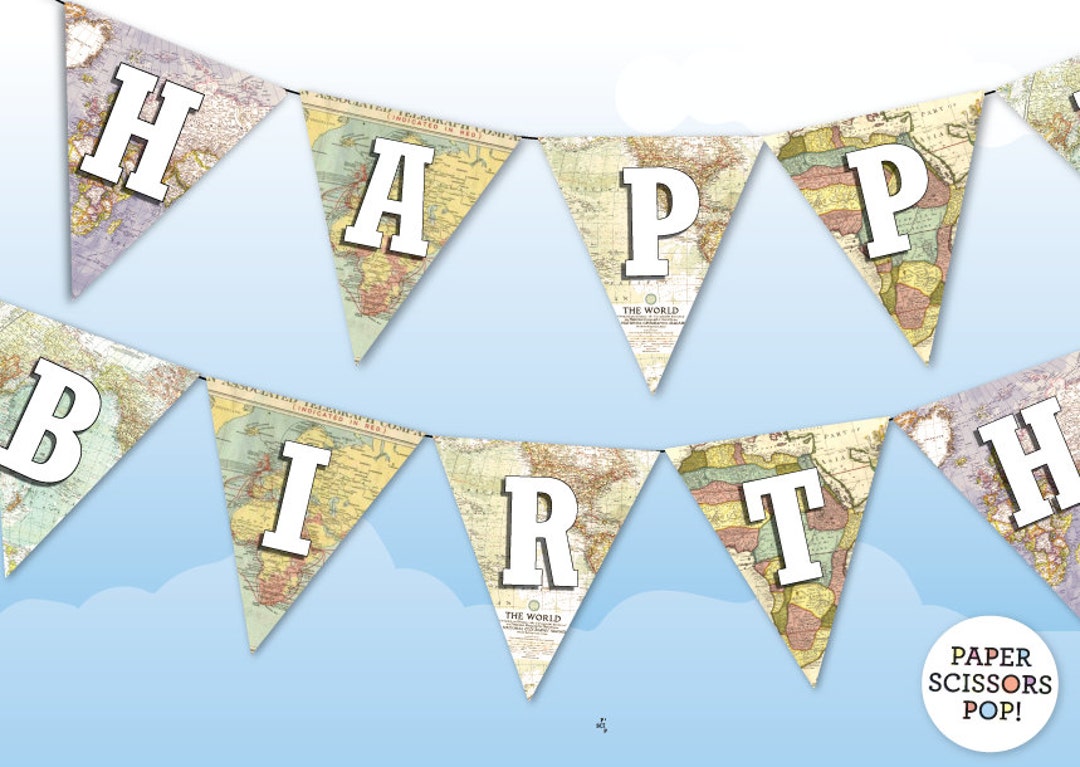 Happy Birthday Vintage Maps Bunting Banner DIY Party Decoration ...