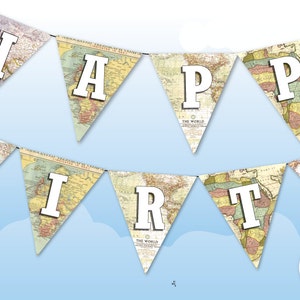 Happy Birthday Vintage Maps Bunting Banner DIY Party Decoration ...