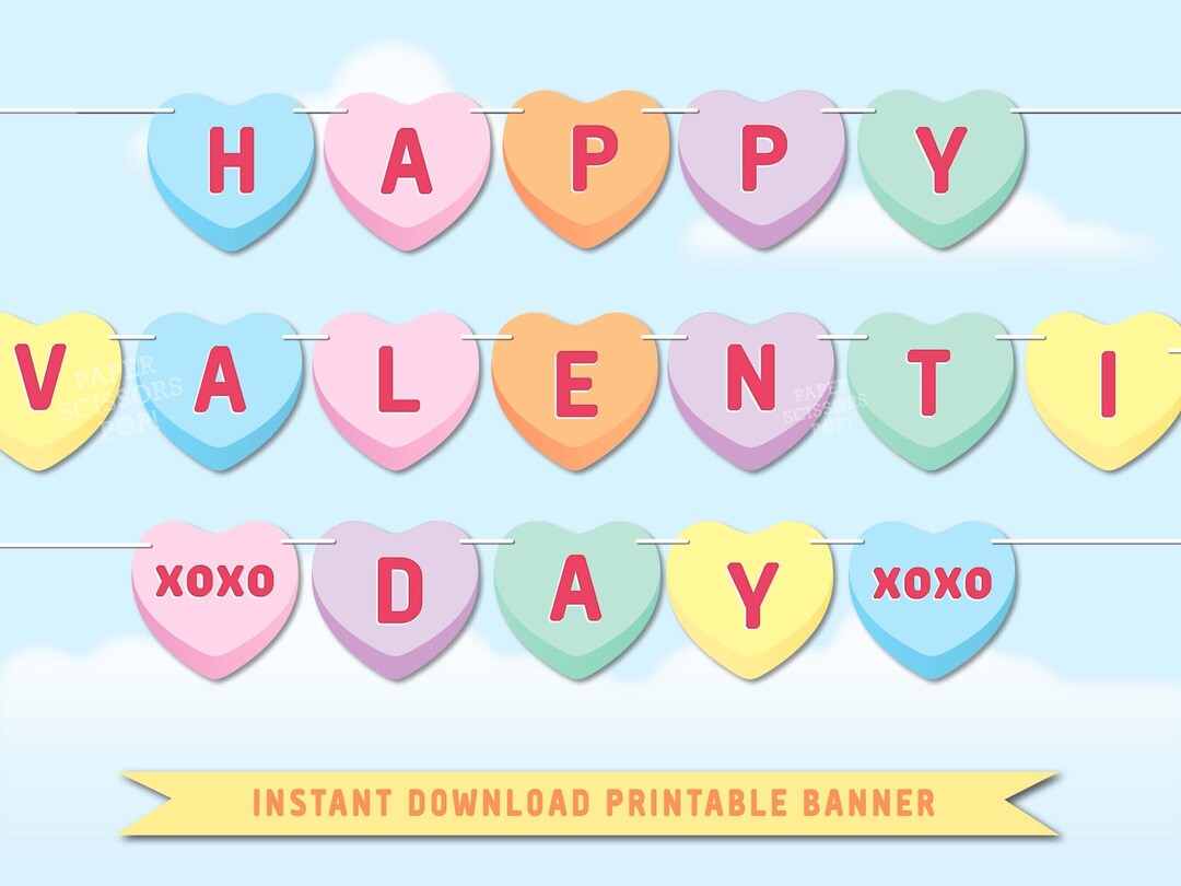 Happy Valentine's Day Banner, Pastel Conversation Hearts Decoration ...