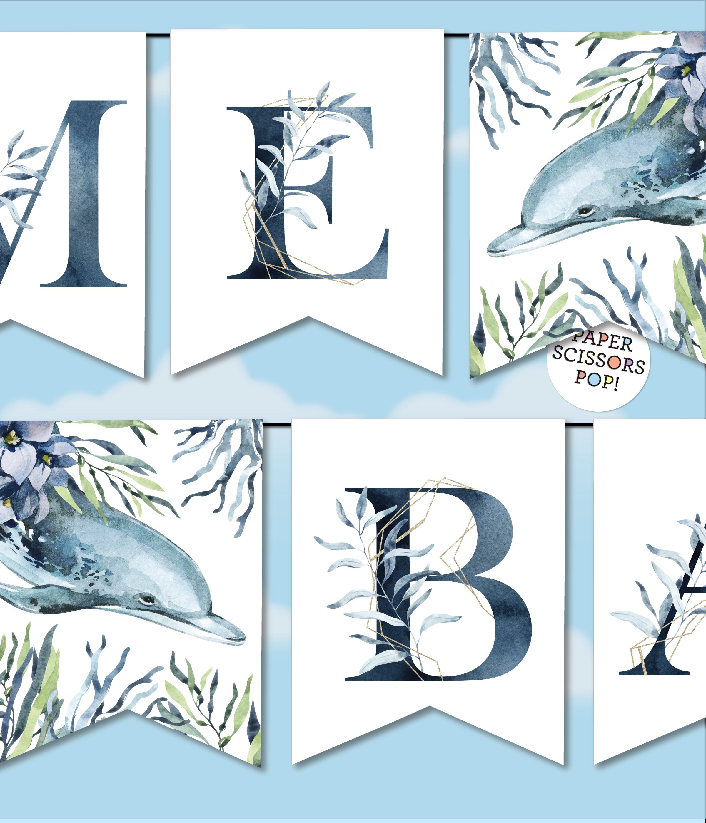 Dolphin Welcome Baby Banner, Printable Watercolor Banner, Under the Sea ...