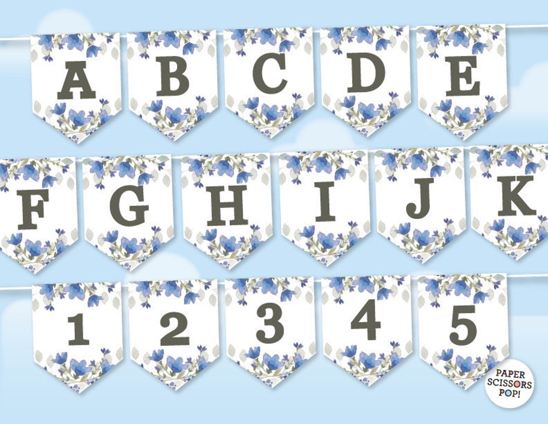 Blue Floral Garland, Editable Name Banner, Garden Decor Blue Wedding ...