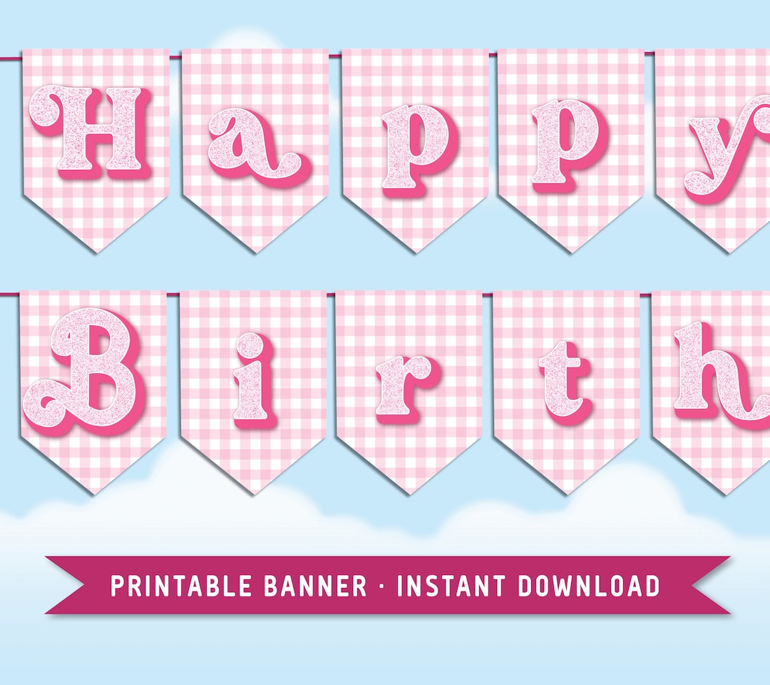 Pink Birthday Banner Printable, Pink Gingham Birthday Garland, Girls ...