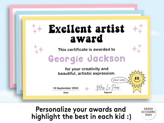 Kindergarten award certificate templates, editable kids awards ...