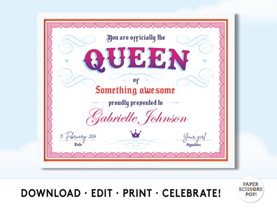 Editable The Queen certificate, printable custom award certificate, fun ...