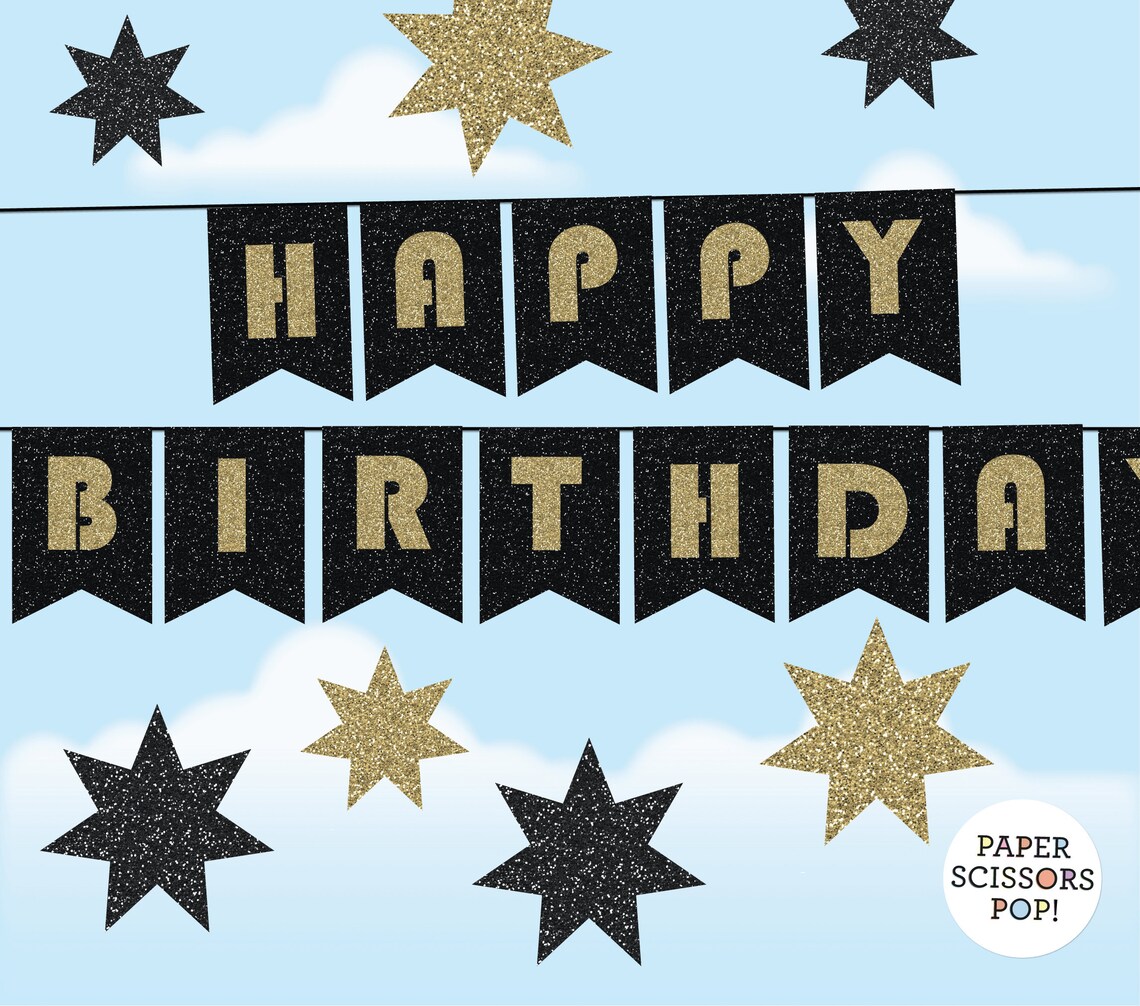 Printable Gatsby Birthday Banner, Roaring 20s Black and Gold Glitter ...