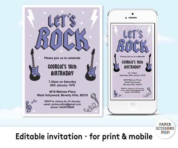 Let's Rock invitation, Rock n Roll invitation editable mobile ...