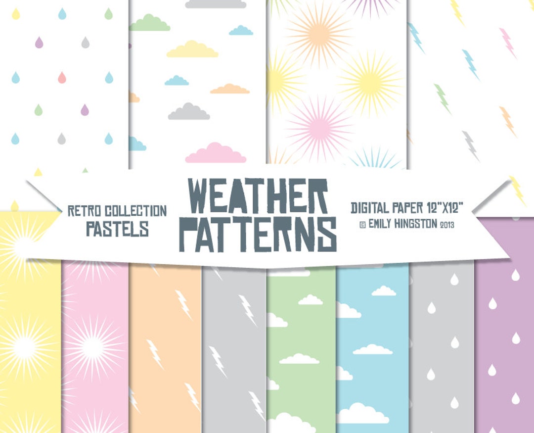 Weather Patterns Digital Paper, Pastels, Clouds, Lightening, Rain Drops ...