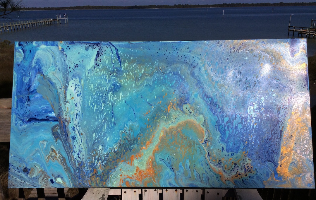 Original Ocean Painting Coastal Beach Liquid Art Blue Sofa Office ...