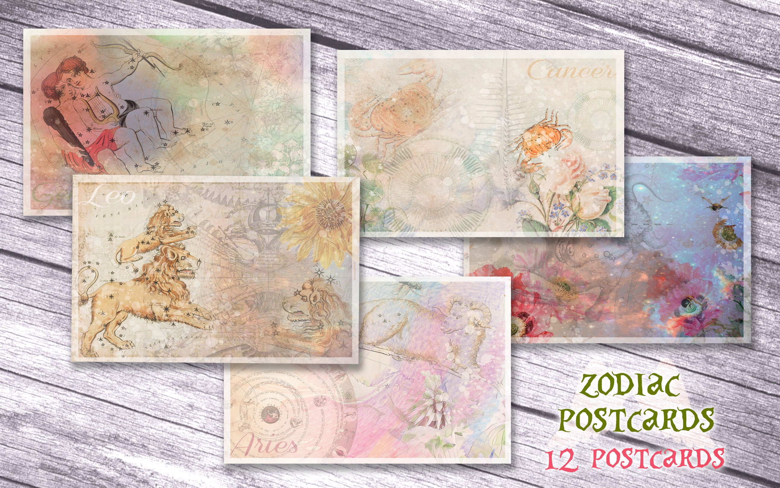12 Zodiac Signs Themed Postcards - Junk Journal Paper - Scrapbooking ...