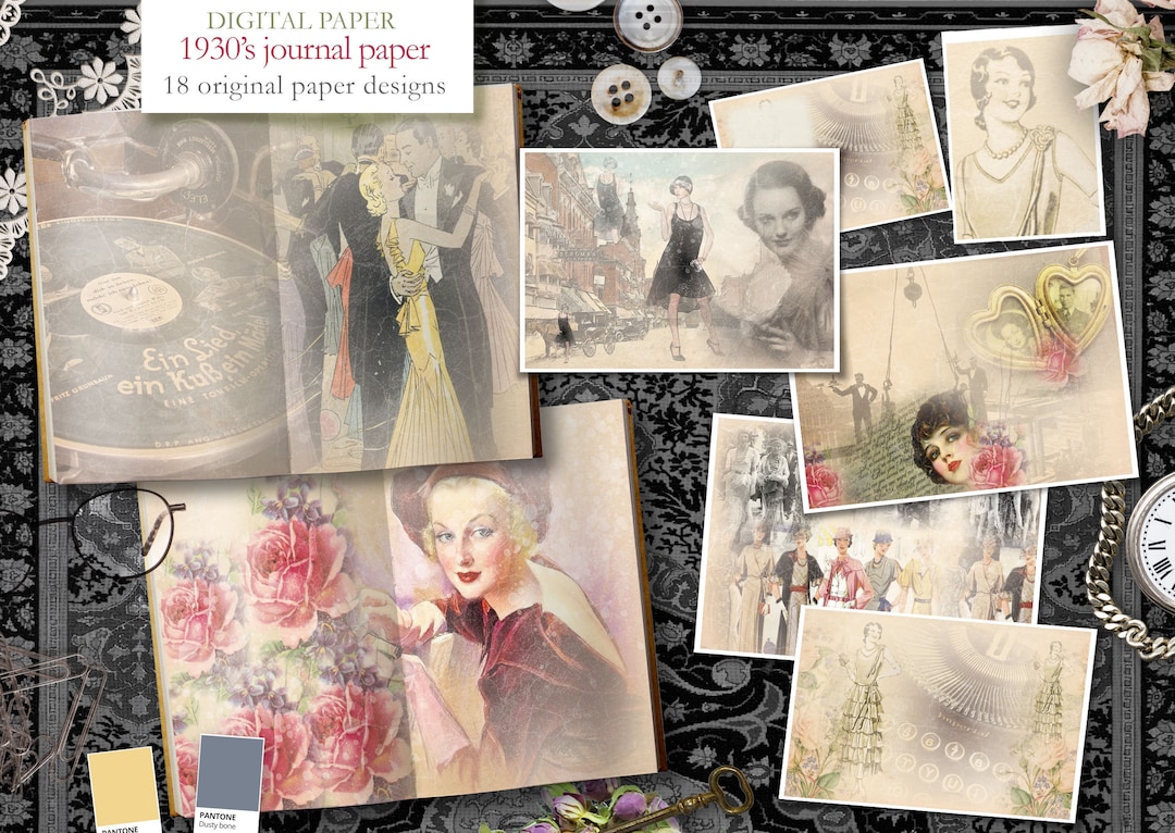 1930's Journal Themed BUNDLE 18 Digital Papers, 48 Gift Tags and 6 ...