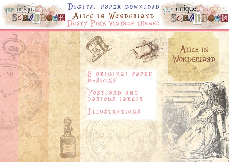 Alice in Wonderland - Dusty Pink Scrapbooking Journal Paper - Vintage ...