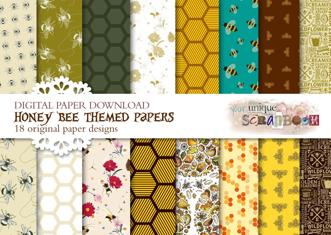 Honey Bee Paper - 18 Themed Digital Papers - Scrapbooking Journal Paper ...