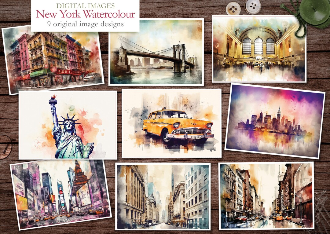 New York Watercolour - 9 Themed Images - Clip Art Images - Digital ...