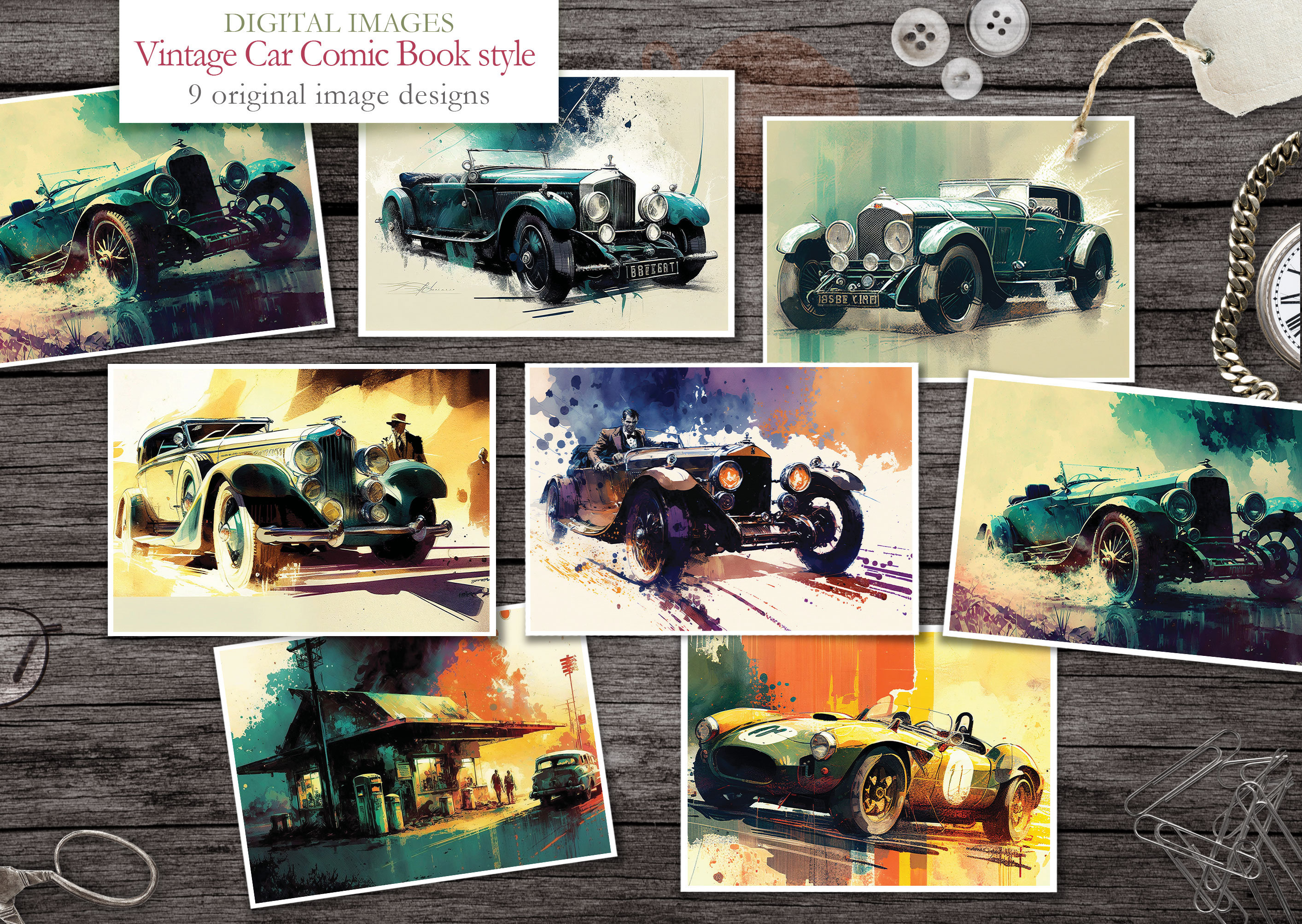 9 Vintage Car Comic Book Themed Images - Digital Download Images ...