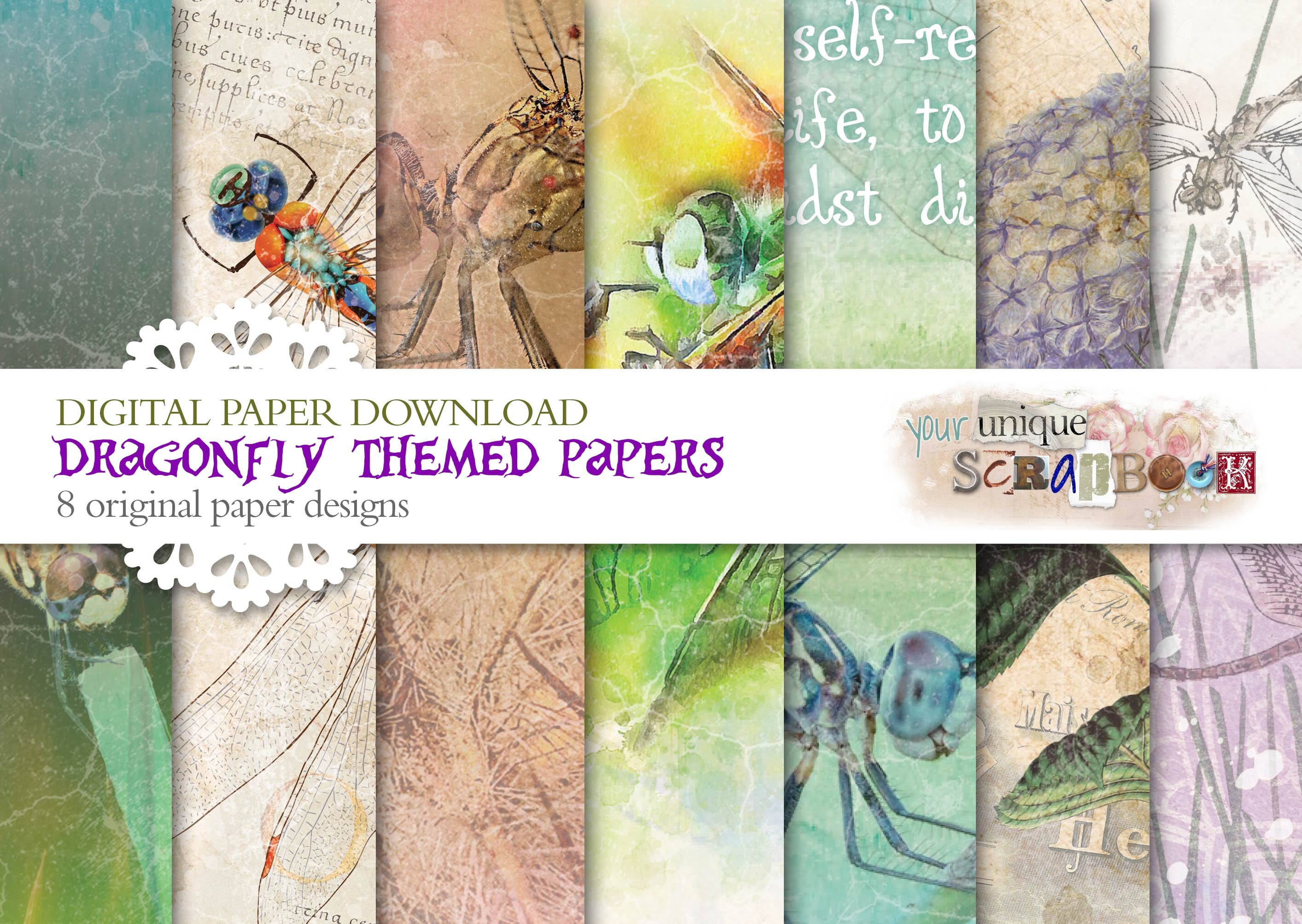 Dragonfly Themed Paper - 8 Digital Sheets - Scrapbooking Digital Paper ...