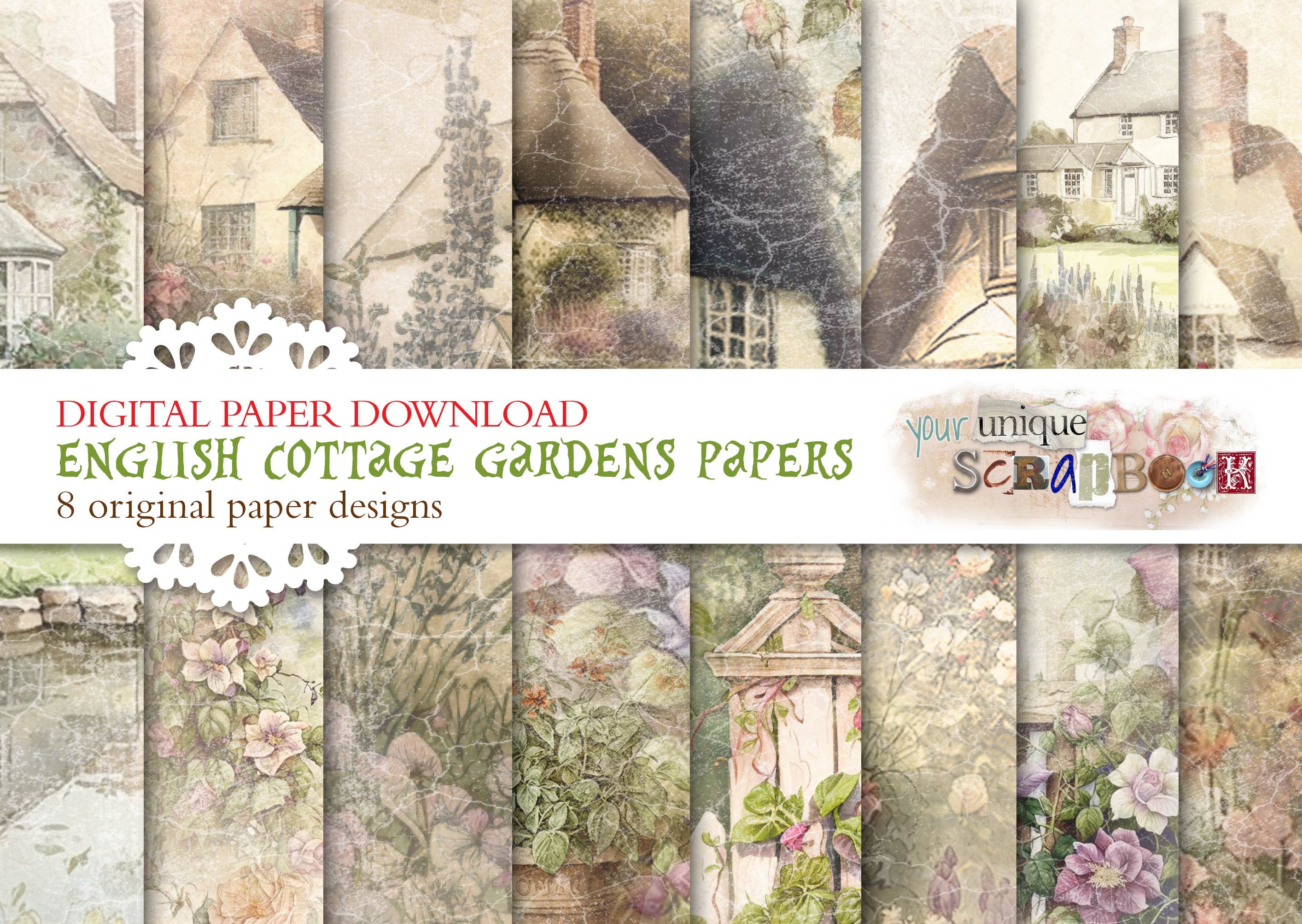 English Cottage Gardens - 8 Themed Papers - Digital Download Paper ...